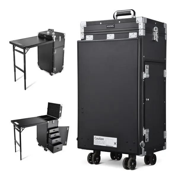 BYOOTIQUE Aluminum Rolling Makeup Train Case With Table Salon Nail Trolley Cosmetic Organizer - Black