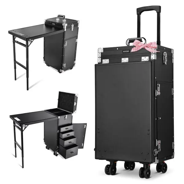 BYOOTIQUE Aluminum Rolling Makeup Train Case With Table - Black