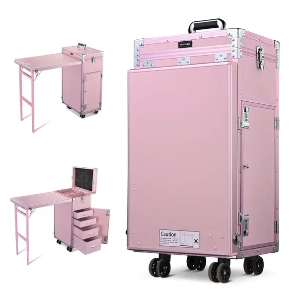 BYOOTIQUE Aluminum Rolling Makeup Train Case With Table Salon Nail Trolley Cosmetic Organizer - Pink