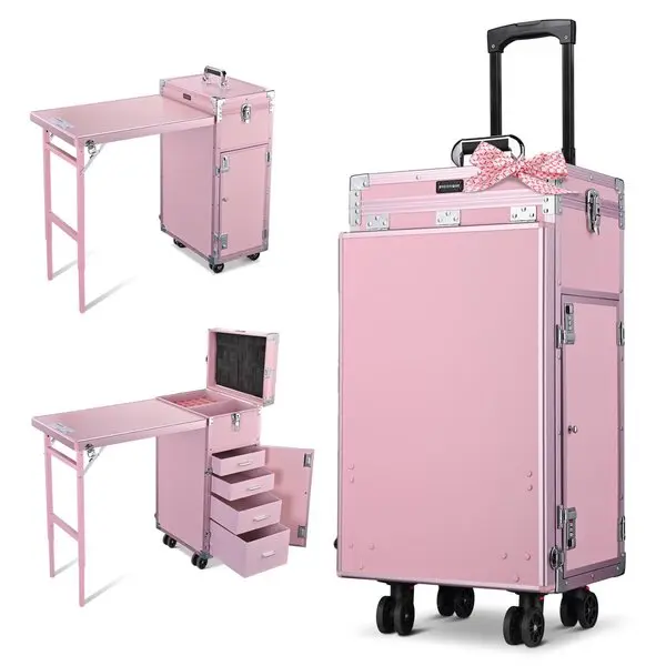 BYOOTIQUE Aluminum Rolling Makeup Train Case With Table - Pink