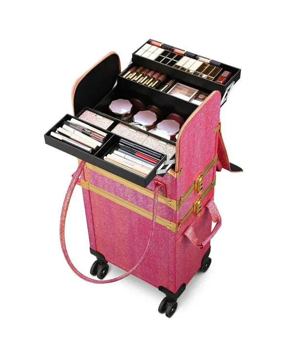 BYOOTIQUE Gold Makeup Train Case Lockable Rolling Cosmetic Trolley Storage - Red