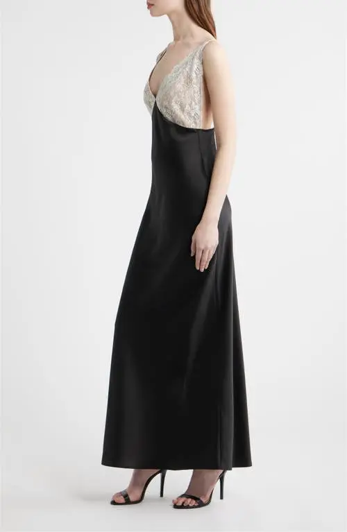 WAYF Ottilie Lace Bodice Open Back Satin Gown - Black