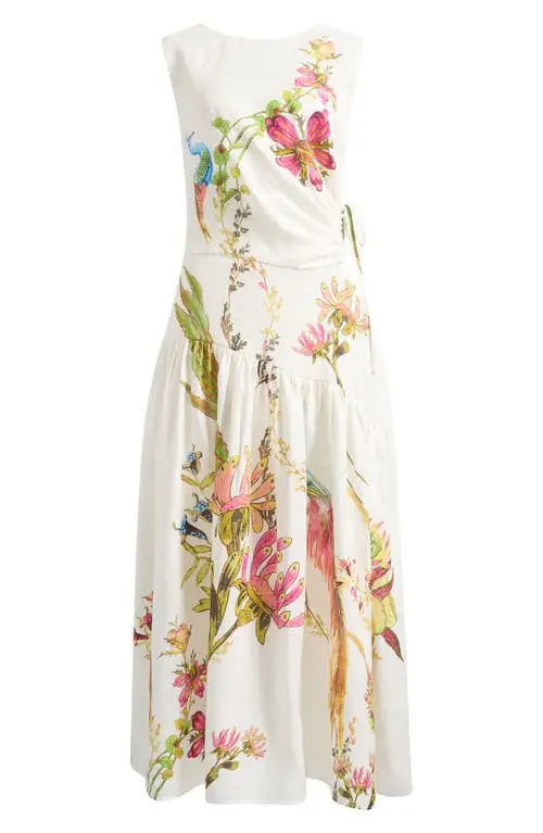 REISS Bianca Placed Floral Linen Dress