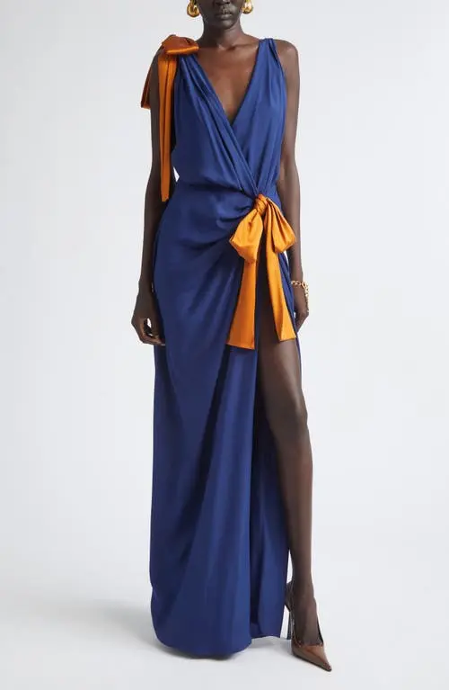 Saint Laurent Bow Detail Silk Satin Wrap Maxi Dress