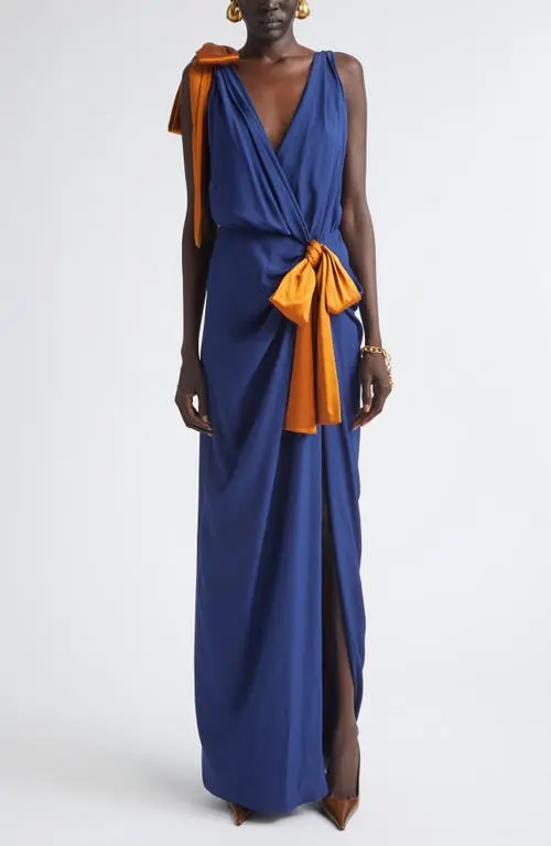 Saint Laurent Bow Detail Silk Satin Wrap Maxi Dress