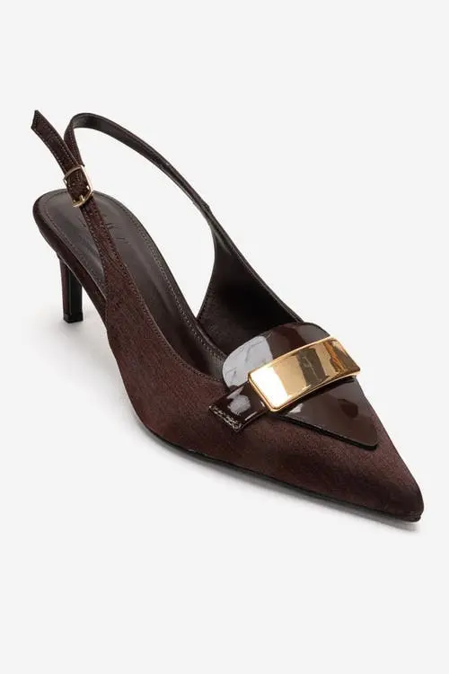 PROLOGUE SHOES Sollenne Stiletto Slingback Pumps - Brown Satin