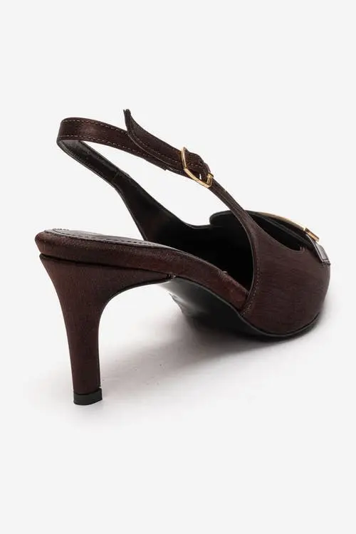 PROLOGUE SHOES Sollenne Stiletto Slingback Pumps - Brown Satin
