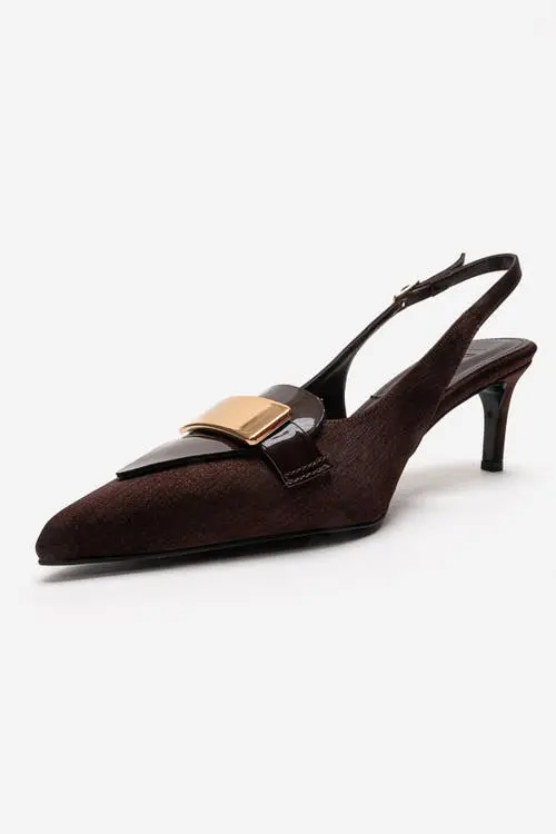 PROLOGUE SHOES Sollenne Stiletto Slingback Pumps - Brown Satin
