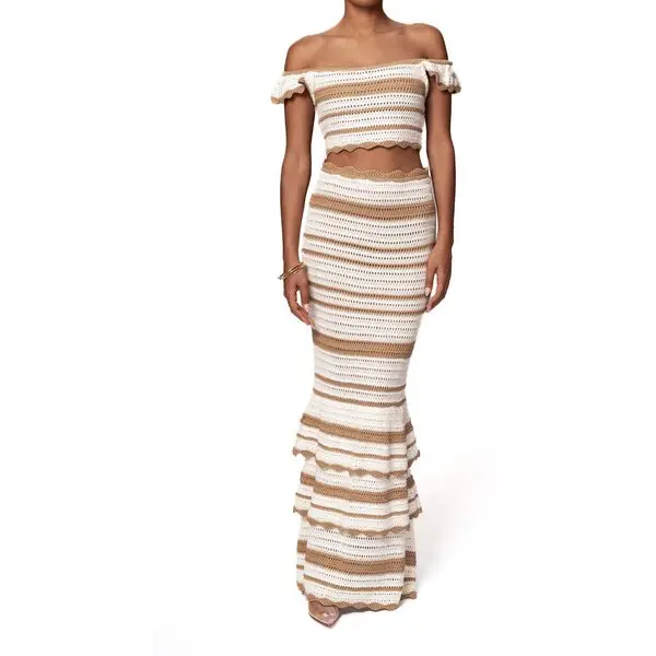 JLUXLABEL Striped Crochet Knit Skirt Set - Beige