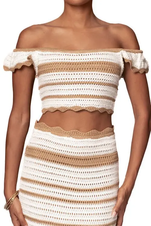 JLUXLABEL Striped Crochet Knit Skirt Set - Beige