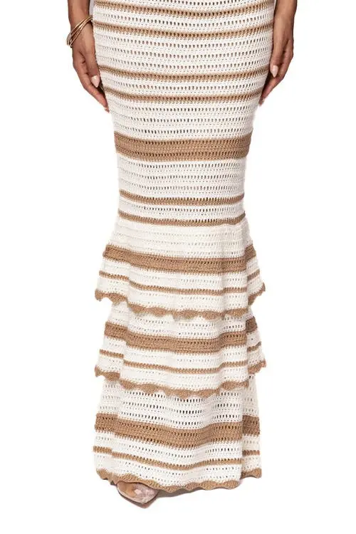 JLUXLABEL Striped Crochet Knit Skirt Set - Beige