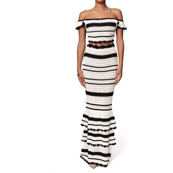 JLUXLABEL Striped Crochet Knit Skirt Set - Black
