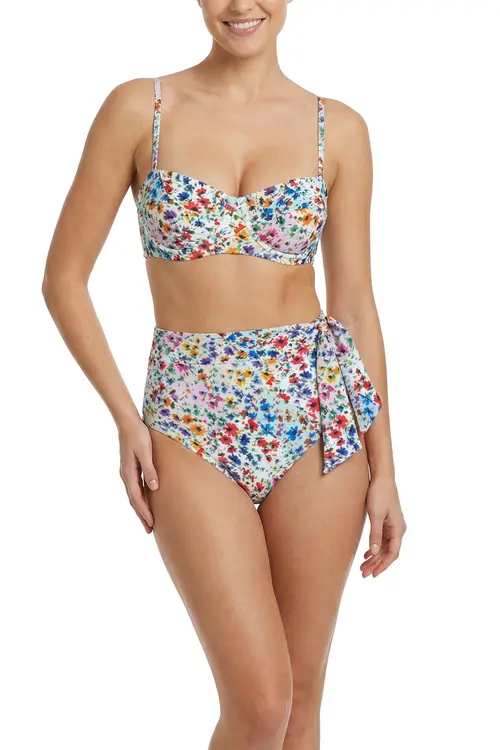 CHANGE OF SCENERY Side Tie High Waist Bikini Bottom With Full Coverage - Wildflower Patch