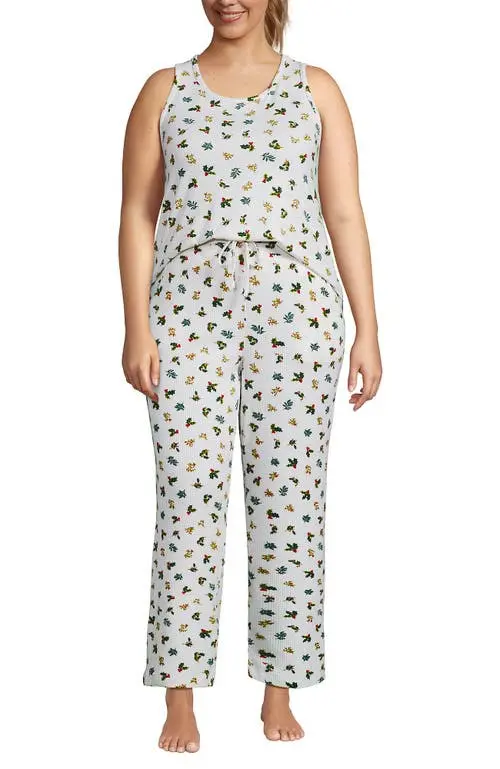 LANDS' END Brushed Cozy Waffle Jersey 3 Piece Pajama Settank Top Pant And Robe - Ivory Holly