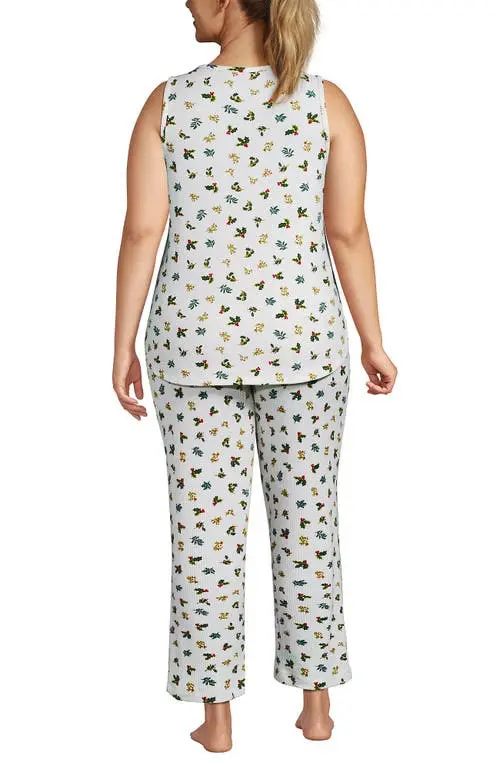 LANDS' END Brushed Cozy Waffle Jersey 3 Piece Pajama Settank Top Pant And Robe - Ivory Holly