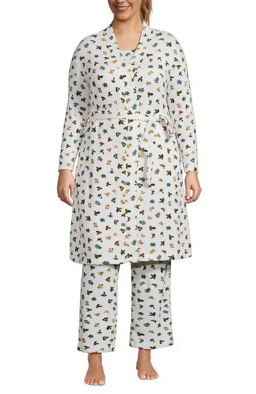 LANDS' END Brushed Cozy Waffle Jersey 3 Piece Pajama Settank Top Pant And Robe - Ivory Holly