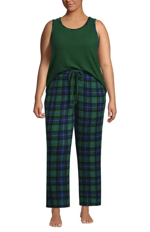 LANDS' END Brushed Cozy Waffle Jersey 3 Piece Pajama Settank Top Pant And Robe - Light Emerald Blackwatch
