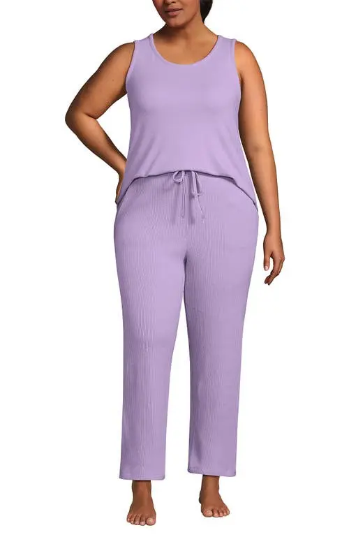 LANDS' END Brushed Cozy Waffle Jersey 3 Piece Pajama Settank Top Pant And Robe - Whisper Lilac