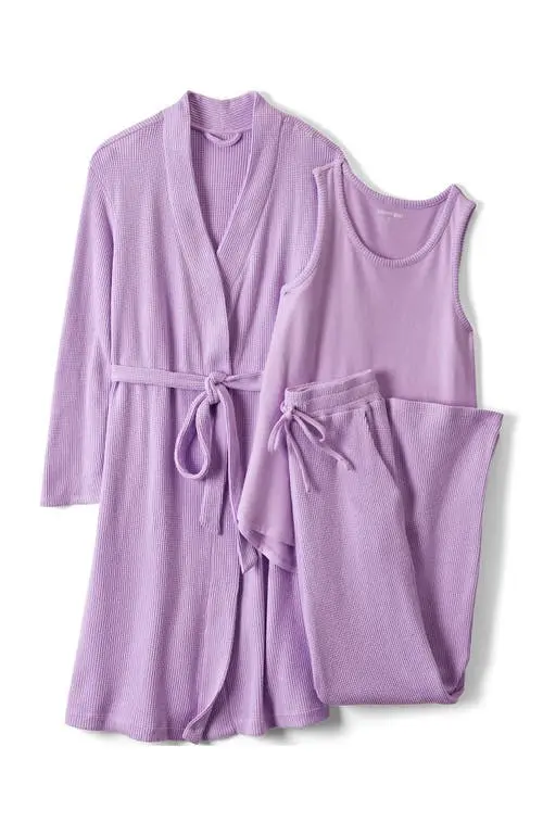 LANDS' END Brushed Cozy Waffle Jersey 3 Piece Pajama Settank Top Pant And Robe - Whisper Lilac