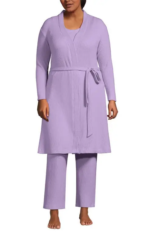 LANDS' END Brushed Cozy Waffle Jersey 3 Piece Pajama Settank Top Pant And Robe - Whisper Lilac