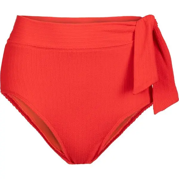 CHANGE OF SCENERY Side Tie High Waist Textured Bikini Bottom - Guava Red
