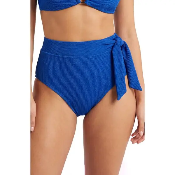 CHANGE OF SCENERY Side Tie High Waist Textured Bikini Bottom - Royal Blue Texture