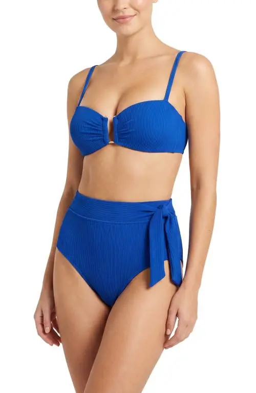 CHANGE OF SCENERY Side Tie High Waist Textured Bikini Bottom - Royal Blue Texture