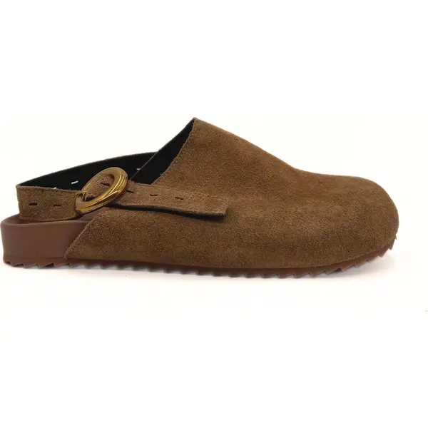 AMIE RAFA Toni Suede Clogs With Gold Buckle Detail - Taupe