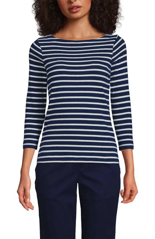 LANDS' END Mariner Jersey Boatneck Top - Deep Sea/ivory Breton Stripe