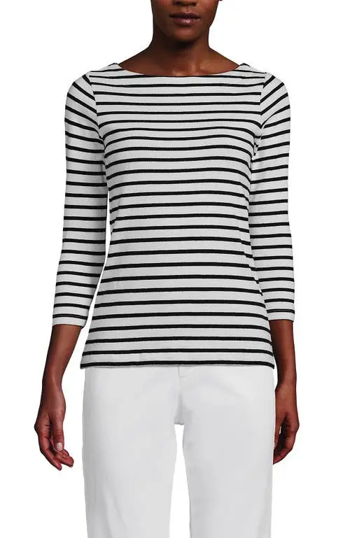 LANDS' END Mariner Jersey Boatneck Top - Oyster/black Breton Stripes