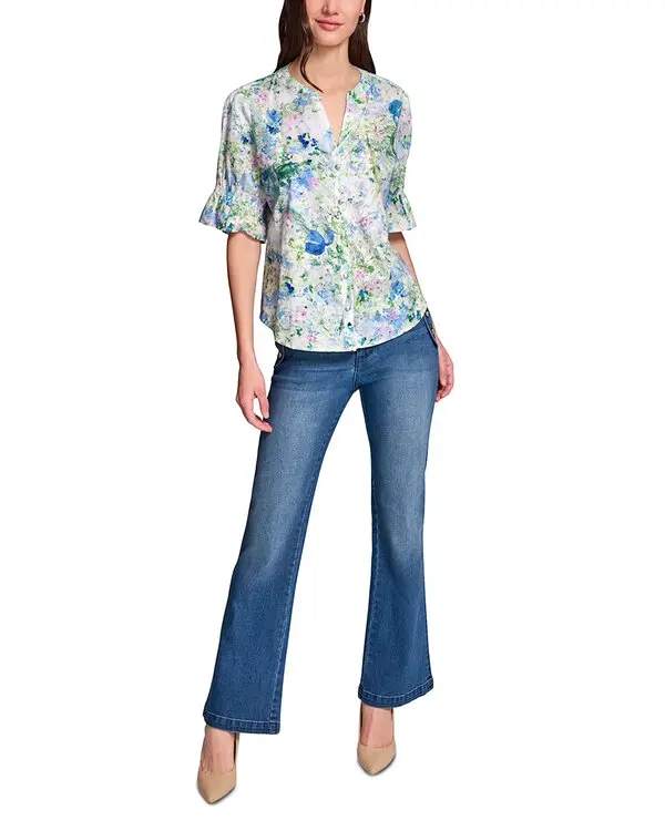 Karl Lagerfeld Paris Quarter Sleeve Printed Button Down Blouse