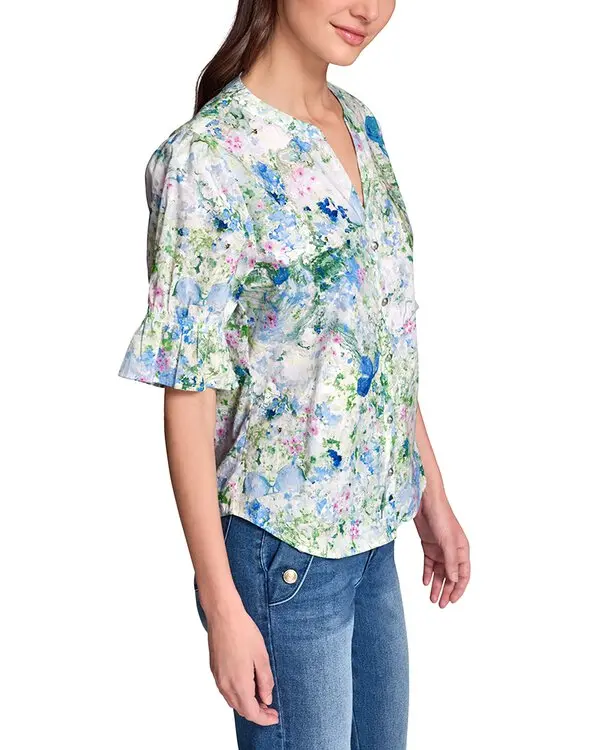Karl Lagerfeld Paris Quarter Sleeve Printed Button Down Blouse