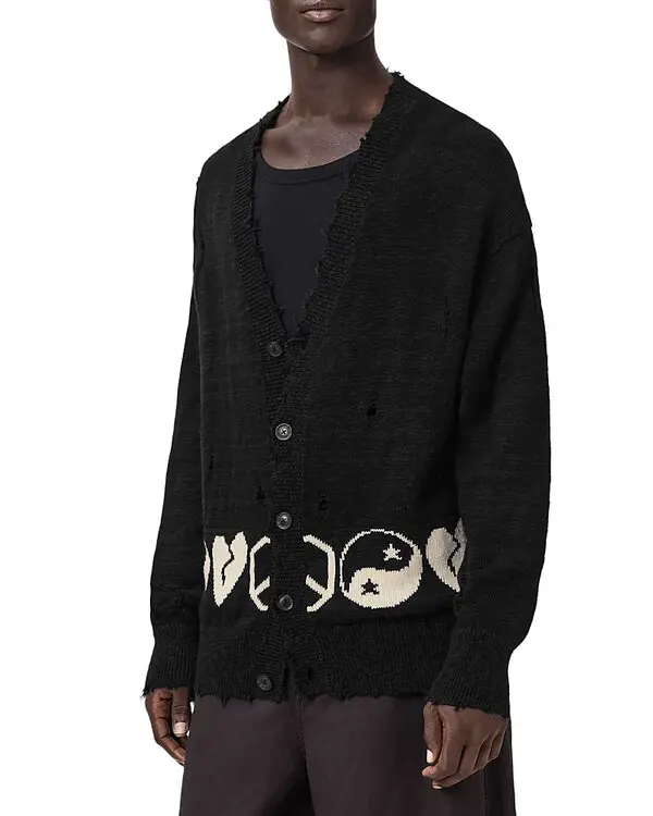 ALLSAINTS Tabua Oversized Fit Knit Graphic Cardigan - Black