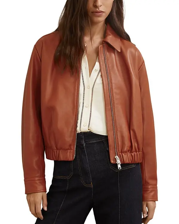 REISS Lottie Cropped Leather Bomber Jacket