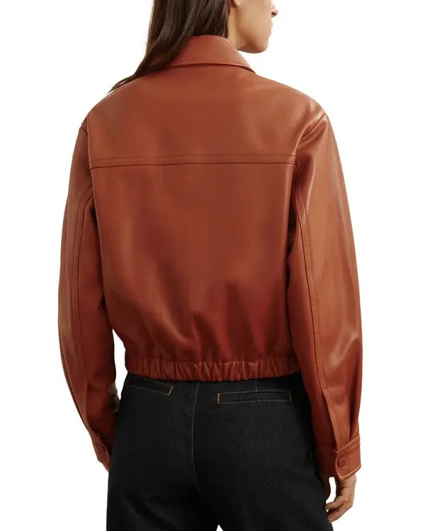 REISS Lottie Cropped Leather Bomber Jacket