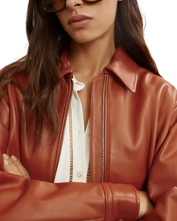 REISS Lottie Cropped Leather Bomber Jacket