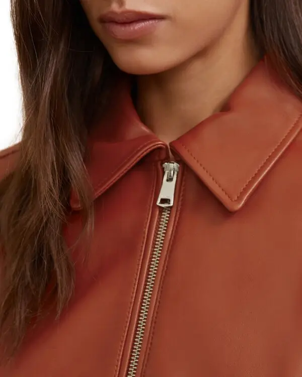 REISS Lottie Cropped Leather Bomber Jacket