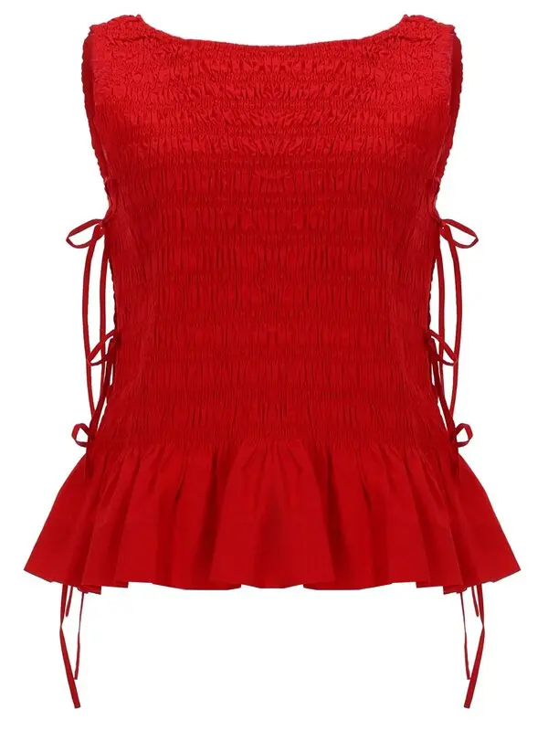 GANNI Smock Top With Tie Details - Red