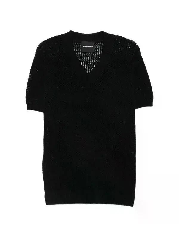 LES HOMMES Open-knit V-neck T-shirt