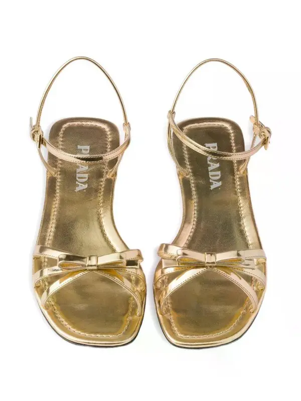 Prada Metallic Leather Flat Sandals With Bow Detailing - Gold