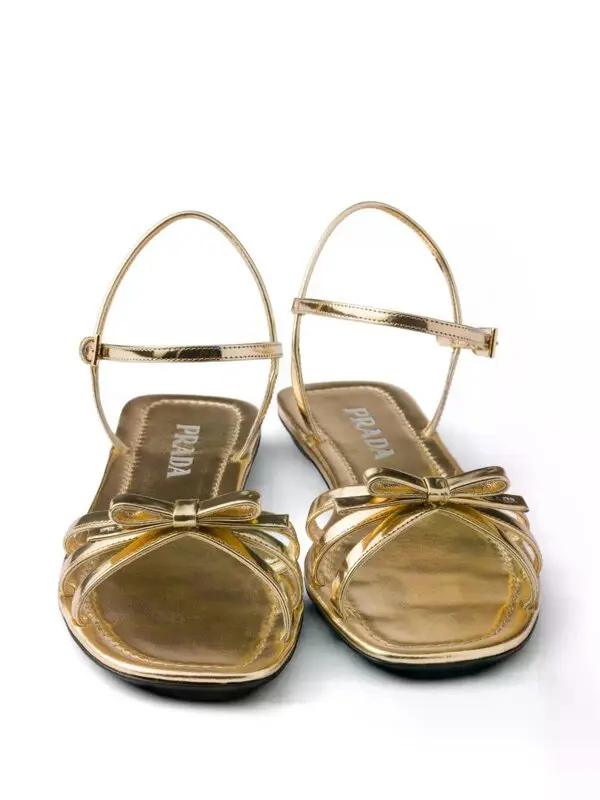 Prada Metallic Leather Flat Sandals With Bow Detailing - Gold