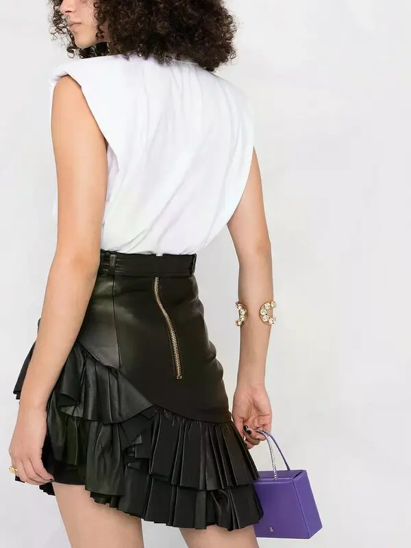 Balmain Short Asymmetric Ruffled Leather Skirt