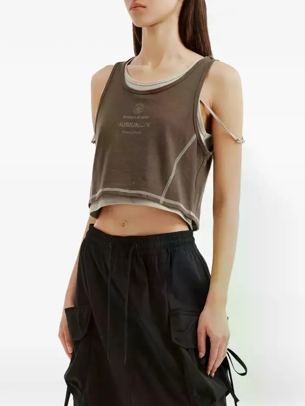 MUSIUM DIV. Layered Contrast-stitch Cropped Top - Brown