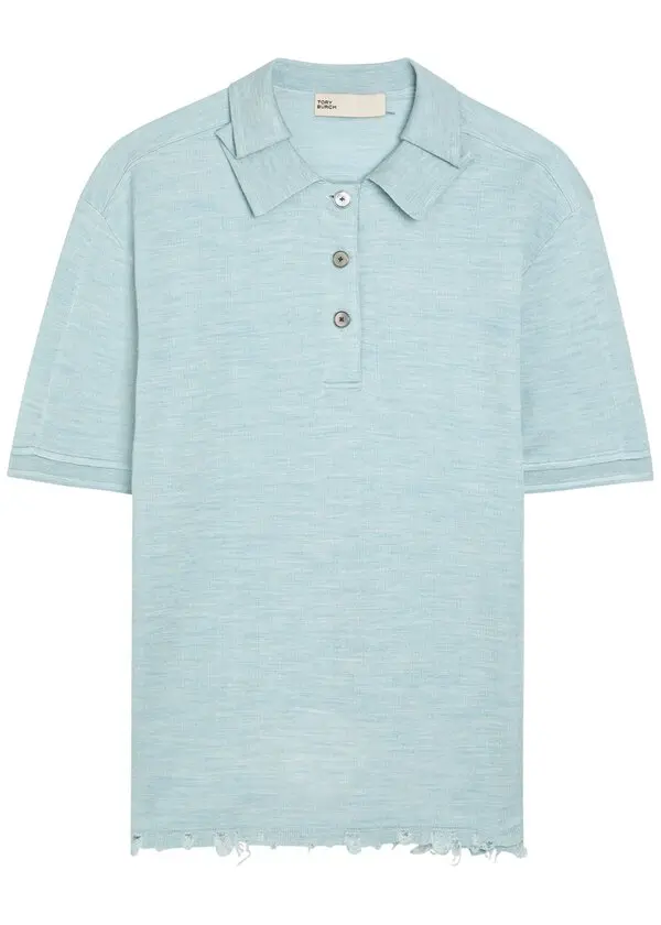 Tory Burch Distressed Silk-blend Polo Top - Light Blue