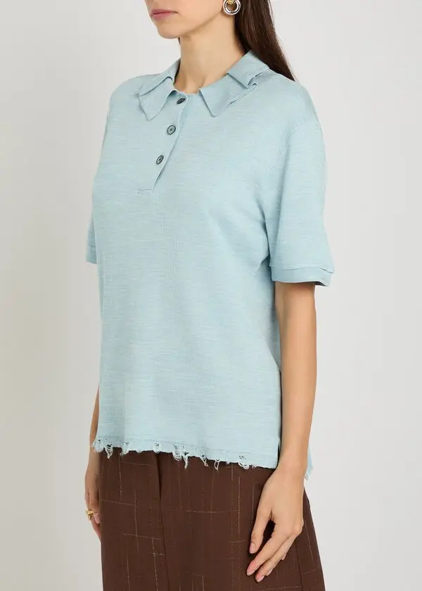 Tory Burch Distressed Silk-blend Polo Top - Light Blue