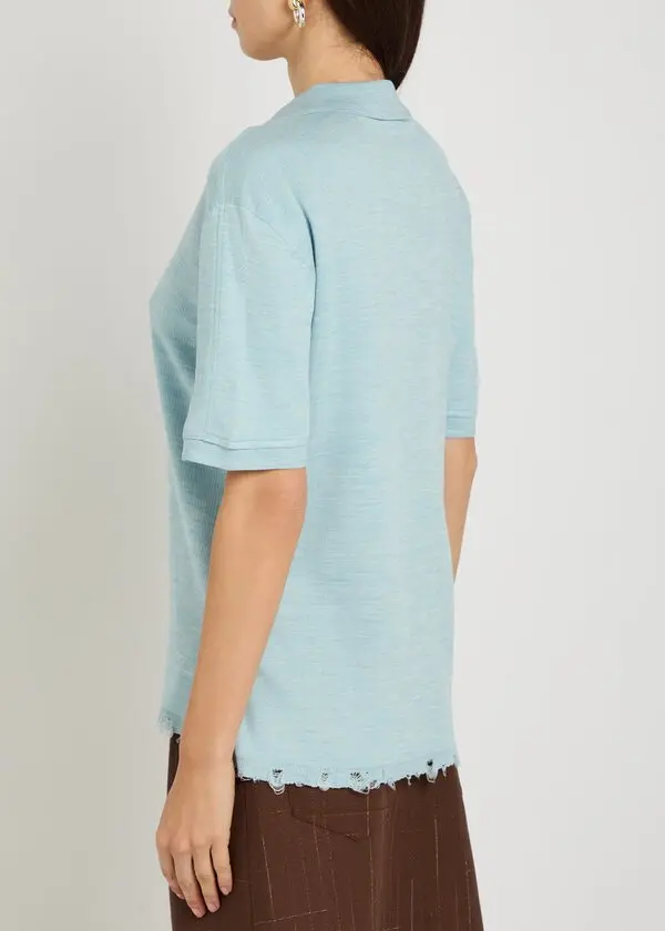 Tory Burch Distressed Silk-blend Polo Top - Light Blue