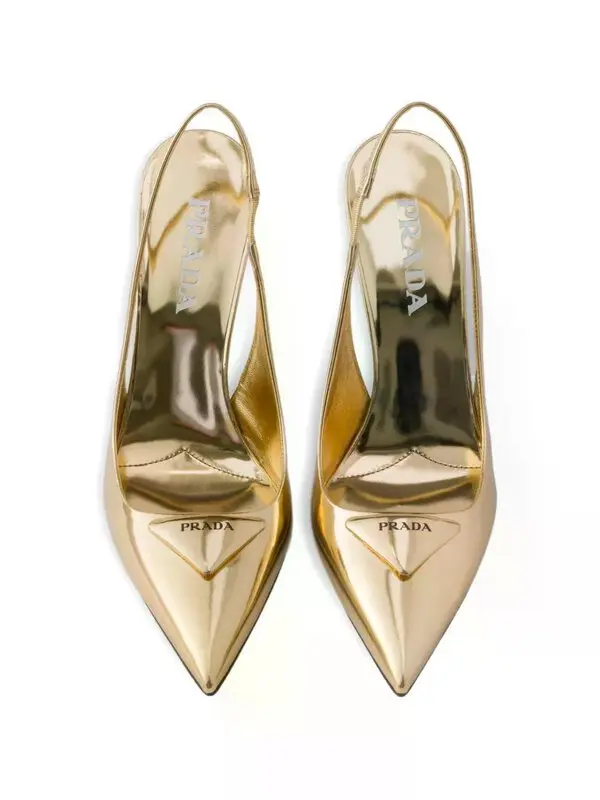Prada Metallic Leather Slingback Pumps With Triangle Logo Detail
