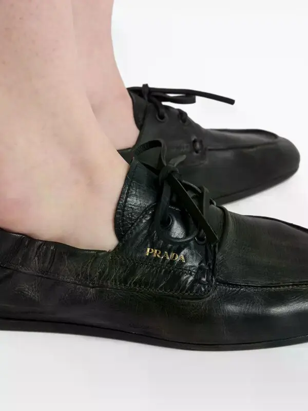 Prada Antiqued Leather Boat Shoes - Black