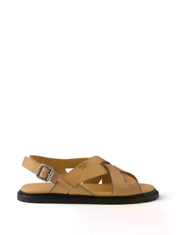 Prada Antiqued Leather Crisscross Sandals - Neutrals