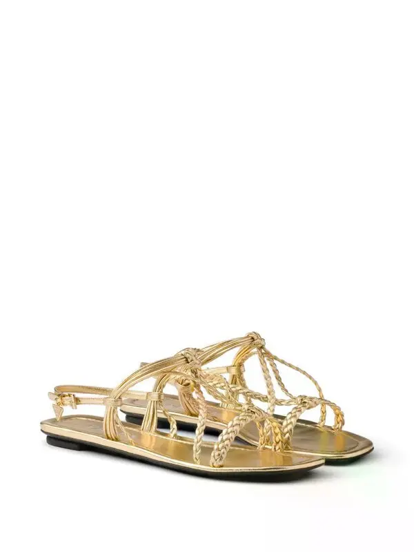Prada Flat Braided Nappa Leather Sandals With Triangle Logo - Gold